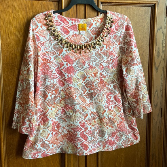Ruby Rd. | Tops | Ruby Red Fall Print Top With Bronze Beaded Trim ...